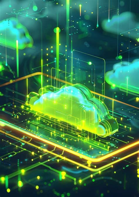 Futuristic Cloud Computing Concept With Neon Lights And Digital Interface High Tech Data