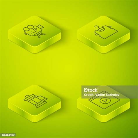 Isometric 라인 민소매 티셔츠 카메라 롤 카트리지 온라인 플레이 비디오 및 레트로 시네마 카메라 아이콘을 설정합니다 벡터 3차원 형태에 대한 스톡 벡터 아트 및 기타