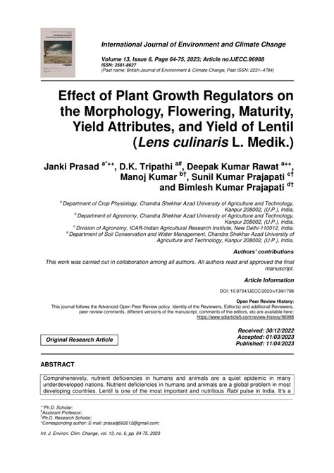 Pdf Effect Of Plant Growth Regulators On The Morphology Flowering Maturity Yield Attributes