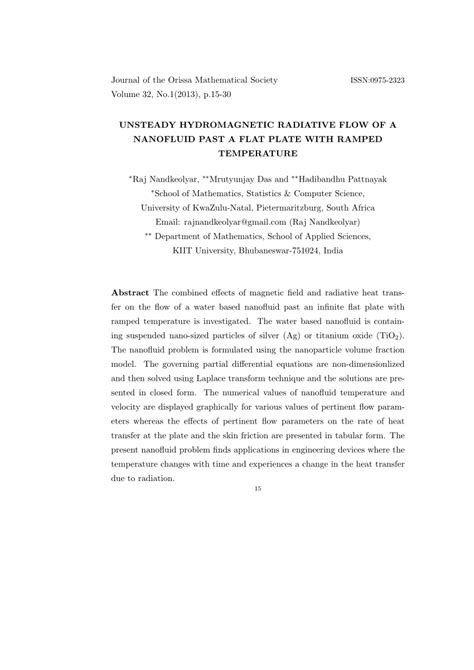 Pdf Unsteady Hydromagnetic Radiative Flow Of A Nanofluid Past A Flat Plate With Ramped Temperature