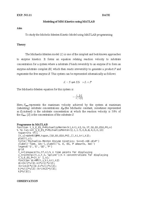 Mm Kinetics Bioprocess Matlab Experiment Exp No Date Modeling Of