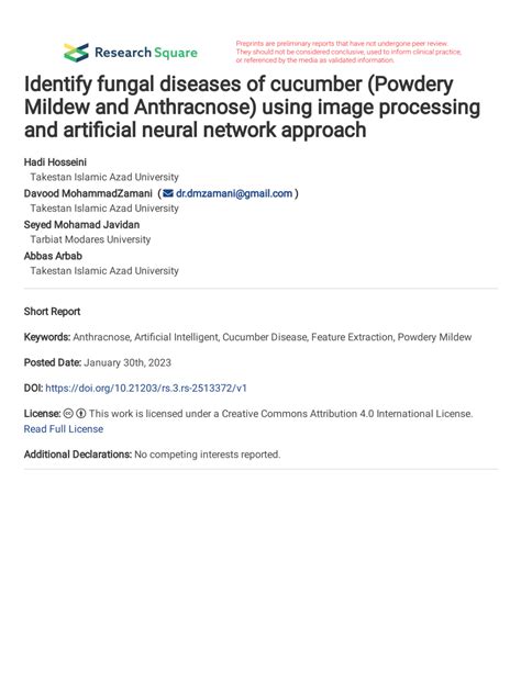 Pdf Identify Fungal Diseases Of Cucumber Powdery Mildew And Anthracnose Using Image