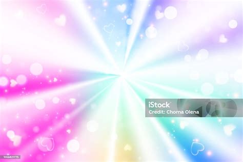 홀로그램 방사형 호일 그라데이션 배경에는 별 하트와 보케가 있습니다 판타지 서클 원뿔형 질감 무지개 유니콘 벽지 벡터 일러스트 레이 션 다중 색상에 대한 스톡 벡터 아트 및