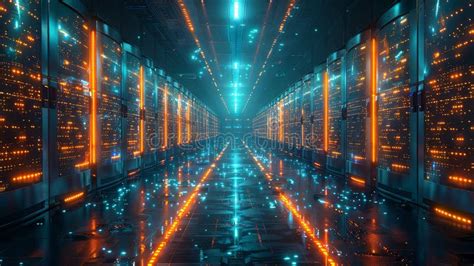 Futuristic Data Center Hallway High Tech Servers And Network Performance Visualization Stock