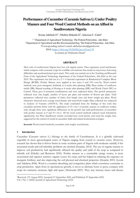 Pdf Performance Of Cucumber Cucumis Sativus L Under Poultry Manure And Four Weed Control