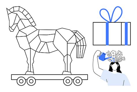 트로이 목마 파란 리본이 달린 선물 상자 머리에서 자라는 꽃에 물을 주는 사람 T Lounge에 대한 스톡 벡터 아트 및