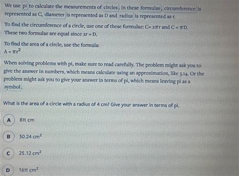 Solved We Use Pi To Calculate The Measurements Of Circles In These Formulas Circumference