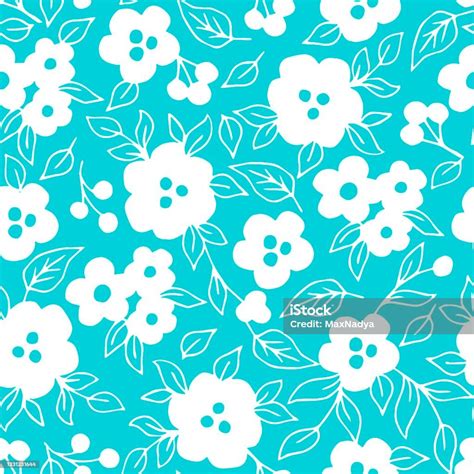 심플한 차분한 손으로 그린 플로럴 벡터 매끄러운 패턴 밝은 파란색 배경에 흰색 꽃 직물 인쇄 섬유 제품 가정 장식 의류 문구류용