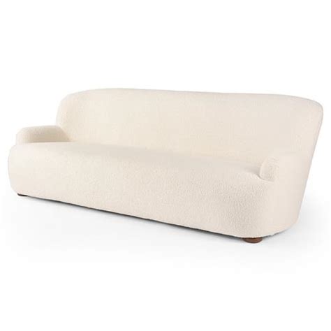 Kaden Modern Classic Cream Upholstered Boucle Brown Wood Wing Back Sofa