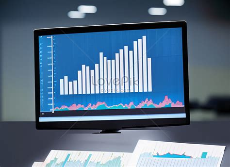 사무실 3d 렌더링에서 화면에 주식 시장 차트가 있는 컴퓨터 모니터 Ai 생성 사진 무료 다운로드 Lovepik