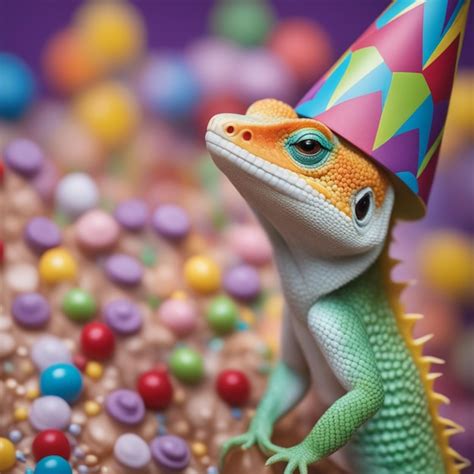 Premium Photo Cute Lizard In A Birthday Party Hat With A Colorful