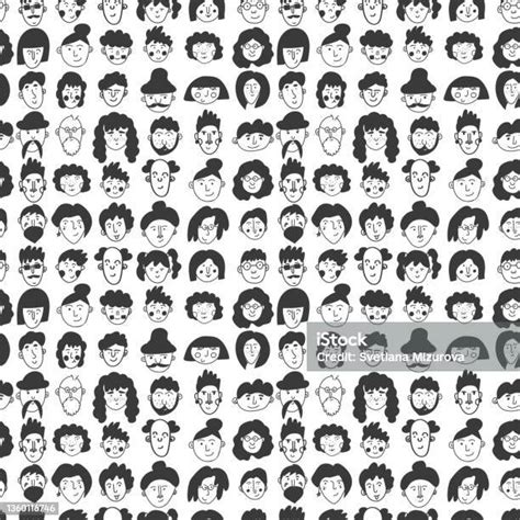 사람들은 매끄러운 패턴을 낙서합니다 다른 성별과 나이의 만화 캐릭터 종이와 직물에 인쇄를위한 귀여운 인쇄 세련된 끝없는 배경 디자인 벡터 일러스트레이션 손으로 그린 낙서