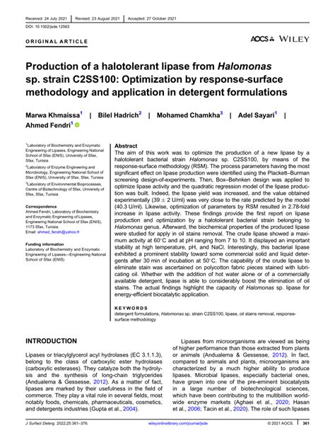 Pdf Production Of A Halotolerant Lipase From Halomonas Sp Strain