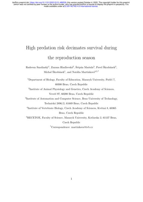 Pdf High Predation Risk Decimates Survival During The Reproduction Season