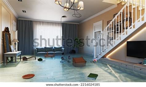 Closeup Flooded Floor Living Room Water Stock Illustration 2216024185