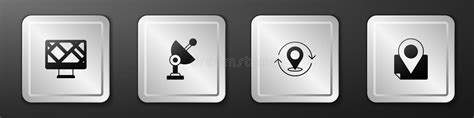 Set Monitor With Map Location Radar Map Pin And Folded Marker Icon Silver Square Button