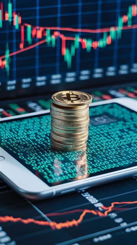 Electronic Device Showing Binary Code Stack Of Gold Coins Stock