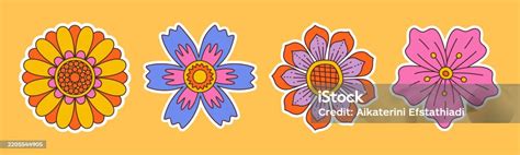 현대적인 재미 그루비 꽃 세트 손으로 그린 트렌디한 플랫 스타일 고립 단순한 순진한 꽃 1960 1969 년에 대한 스톡 벡터