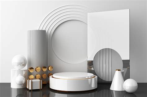 제품 디자인 3d 렌더링 3d 일러스트레이션을 위한 화이트 컬러 포디움으로 기하학적 모양의 골드와 유리 텍스처를 모의 0명에 대한 스톡 사진 및 기타 이미지 Istock