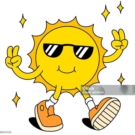 부츠를 걷는 그루비 스타일의 태양의 벡터 일러스트 레이 션과 평화 기호를 보여줍니다 태양 하늘에 대한 스톡 벡터 아트 및 기타 이미지 태양 하늘 만화 햇빛 Istock