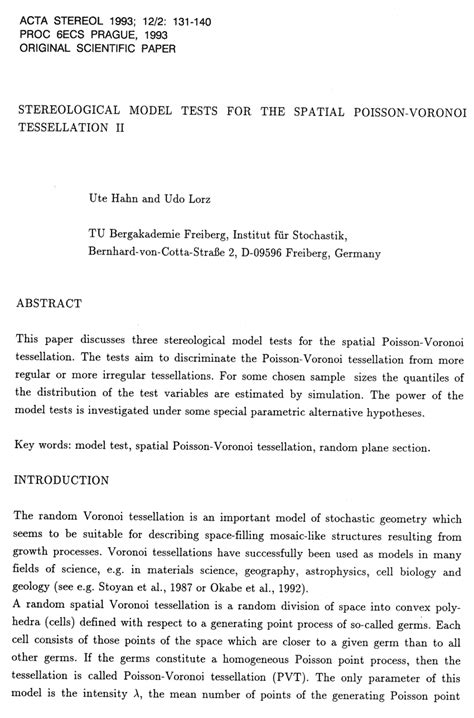 Pdf Stereological Model Tests For The Spatial Poisson Voronoi Tessellation Ii