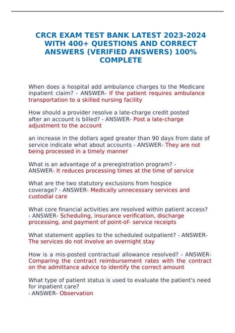 CRCR EXAM TEST BANK LATEST WITH QUESTIONS AND CORRECT ANSWERS VERIFIED ANSWERS