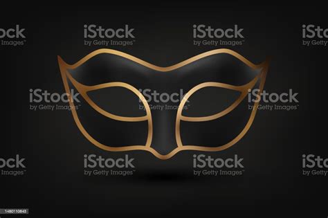 벡터 3d 현실적인 검은 색과 황금색 카니발 얼굴 마스크는 검은 배경에 있습니다 파티용 마스크 가장 근접 촬영 마스크의 디자인 템플릿입니다 카니발 파티 비밀 영웅 낯선 개념