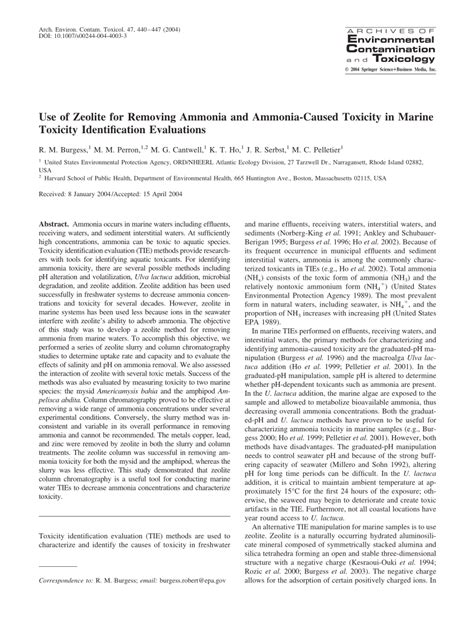 Pdf Use Of Zeolite For Removing Ammonia And Ammonia Caused Toxicity In Marine Toxicity