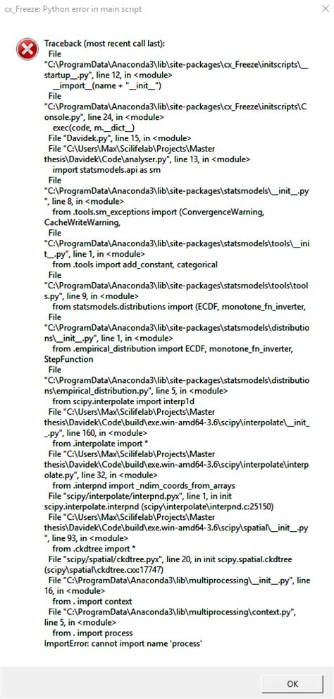 python cx freeze cannot import name process when using statsmodels