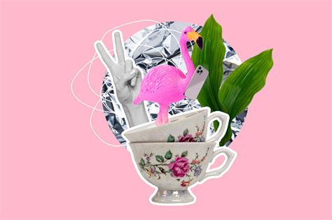 3d 스케치 포스터 트렌드 콜라주 커피 컵 스택 전화 온라인 주문 커피 하우스 플라밍고 장난감 새 평화 손 몸짓 서비스에 대한 스톡 사진 및 기타 이미지 Istock