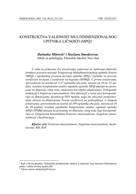 Pdf Construct Validity Of Multidimensional Personality Questionnaire Mpq
