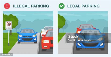 야외 주차 규칙 불법 및 합법적 주차 보도 통행에 차량이 없습니다 보도와 길가에 주차된 자동차의 정면모습 거리에 대한 스톡 벡터 아트 및 기타 이미지 Istock