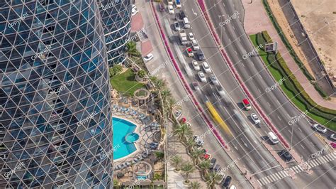 Skyline View Of Intersection Traffic On Al Saada Street Near Difc Night Tim Photo