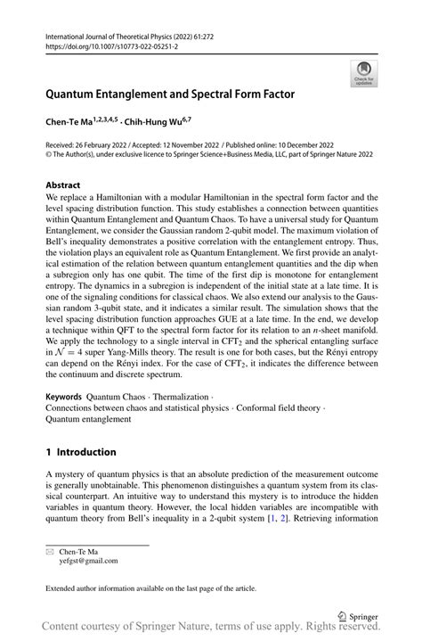 Quantum Entanglement And Spectral Form Factor Request Pdf
