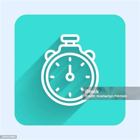 긴 그림자로 격리 된 화이트 라인 스톱워치 아이콘 시간 타이머 기호입니다 크로노미터 기호 녹색 정사각형 버튼입니다 벡터 2 위 상 종류에 대한 스톡 벡터 아트 및 기타