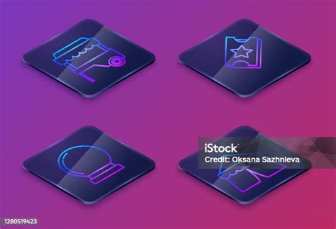 차양 매직 볼 티켓 및 서커스 텐트와 등도 측정 라인 패스트 스트리트 푸드 카트를 설정합니다 파란색 정사각형 버튼 벡터 3차원 형태에 대한 스톡 벡터 아트 및 기타 이미지