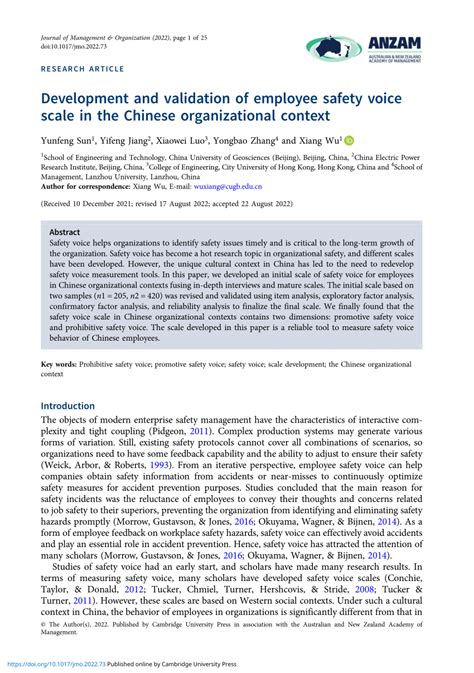 Pdf Development And Validation Of Employee Safety Voice Scale In The Chinese Organizational