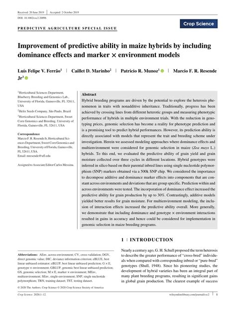 PDF Improvement Of Predictive Ability In Maize Hybrids By Including Dominance Effects And