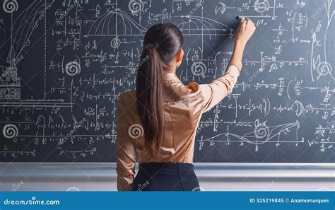 Female Scientist Solving Complex Equations On Chalkboard Advanced Mathematics And Physics Stock