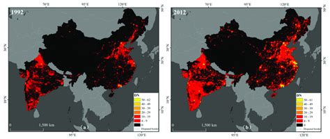 A Intercalibrated Dmsp Ols 1992 Image Over China And India B Download Scientific Diagram