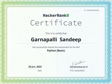 Sandeep Garnapalli On Linkedin Python Programming Hackerrank Certification Techskills