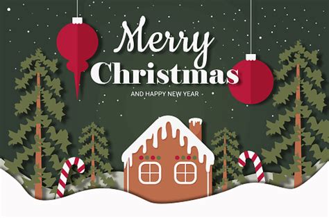 진저 브레드 하우스 사탕 전나무 및 종이 컷 스타일의 크리스마스 장난감이있는 겨울 풍경을 배경으로 한 메리 크리스마스와 새해