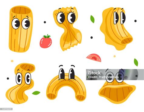 파스타 마카로니 만화 캐릭터는 고립 된 세트에 직면합니다 벡터 그래픽 디자인 요소 일러스트 레이 션 등장인물에 대한 스톡 벡터 아트 및 기타 이미지 Istock
