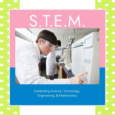 Composite Of Stem Text With Caucasian Scientist Using Electronic Device In Factory Stock Image