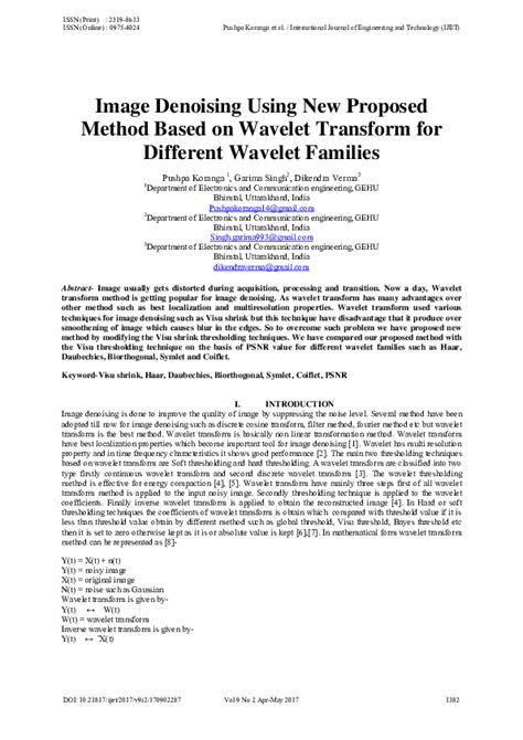 Pdf Image Denoising Using New Proposed Method Based On Wavelet Transform For Different Wavelet