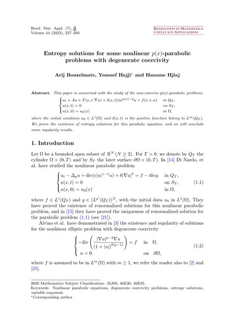 Pdf Entropy Solutions For Some Nonlinear P X Parabolic Problems With Degenerate Coercivity