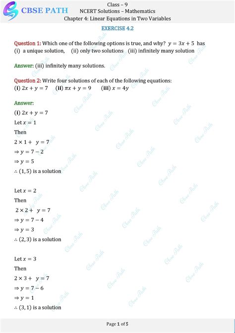 Ncert Solutions For Class 9 Maths Exercise 42 Linear Equations In Two