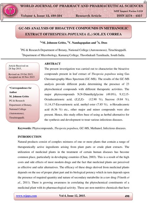 Pdf Gc Ms Analysis Of Bioactive Compounds In Methanolic Extract Ofthespesia Populnea L Sol