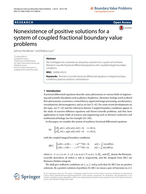 Pdf Nonexistence Of Positive Solutions For A System Of Coupled Fractional Boundary Value Problems
