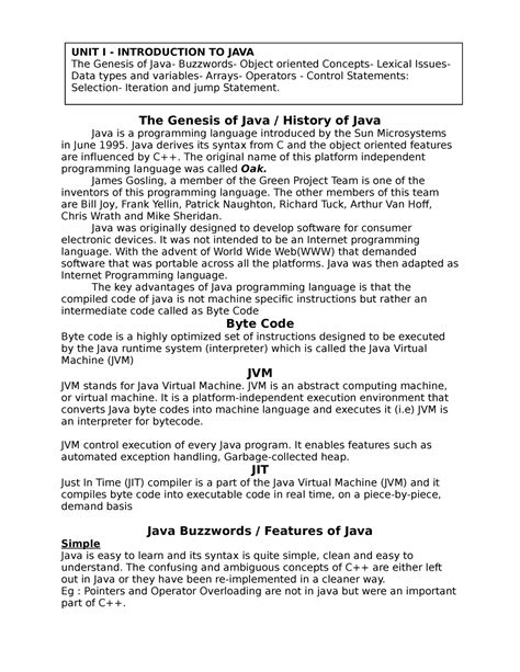 Java Unit 1notes Practical The Genesis Of Java History Of Java Java